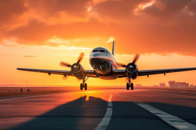 Airplane Taking Off in the Rays of the Setting Sun. Runway Shot of ...