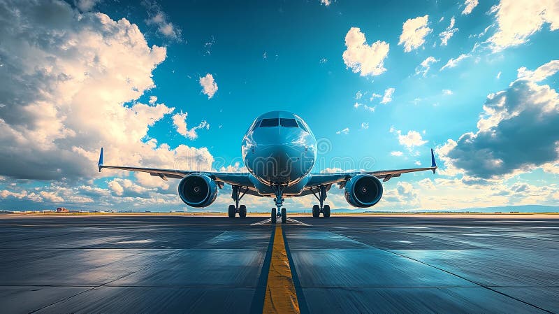 Airplane Taking Off from Runway with Blue Sky and Clouds, Low Angle Sho ...
