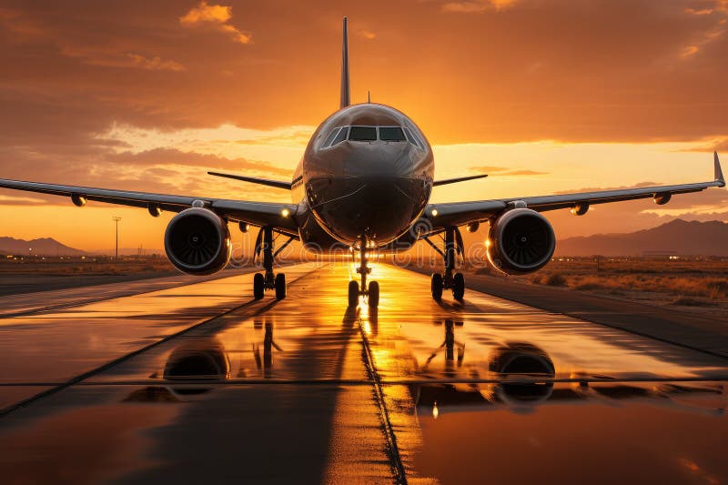 Airplane Taking Off from a Runway at Golden Moment Evening Time Stock ...