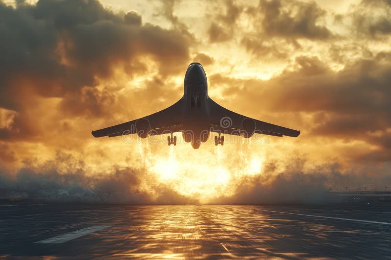 Airplane Taking Off from Runway with Motion and Thrust Stock Image ...