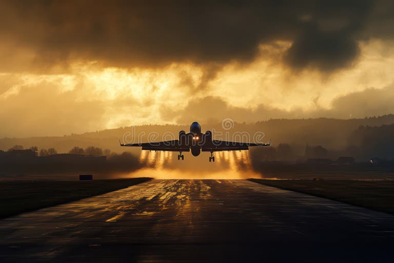 Airplane Taking Off from Runway with Motion and Thrust Stock Image ...
