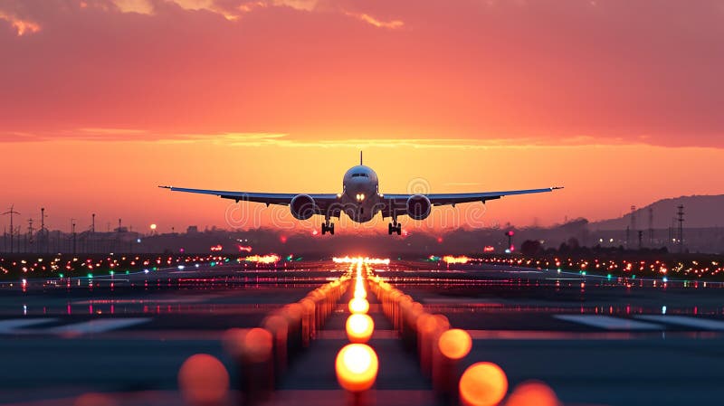 Airplane Taking Off at Sunrise Stock Illustration - Illustration of ...