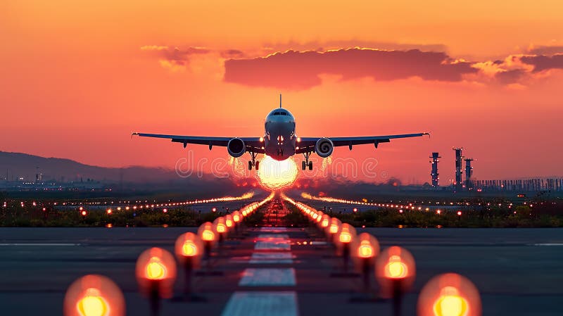 Airplane Taking Off at Sunrise Stock Illustration - Illustration of ...