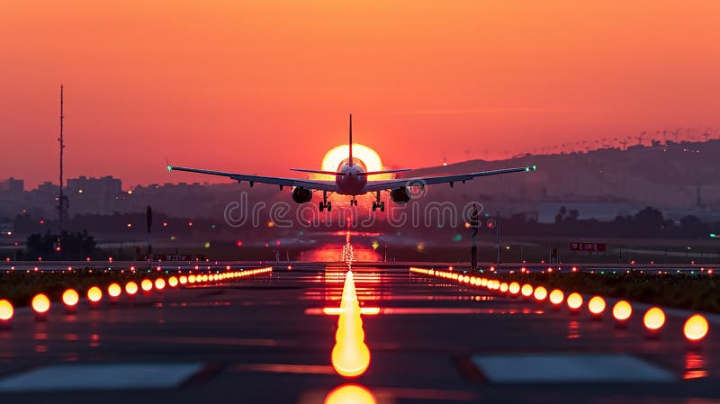 Airplane Taking Off at Sunrise Stock Illustration - Illustration of ...