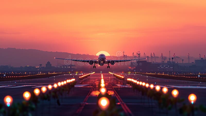 Airplane Taking Off at Sunrise Stock Illustration - Illustration of ...
