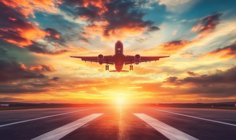 Airplane Taking Off at Sunset with Dramatic Clouds and Vibrant Colors ...