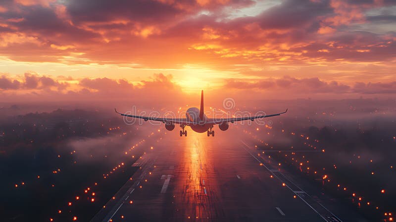 Airplane Taking Off at Sunset, Dramatic Sky, Runway Lights Stock ...