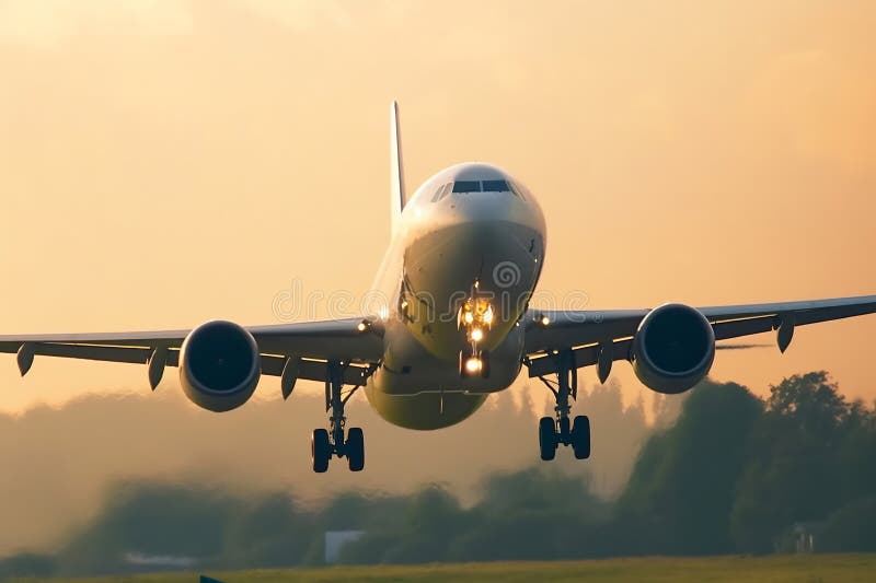 Airplane Taking Off at Sunset with Landing Gear Down Stock Image ...