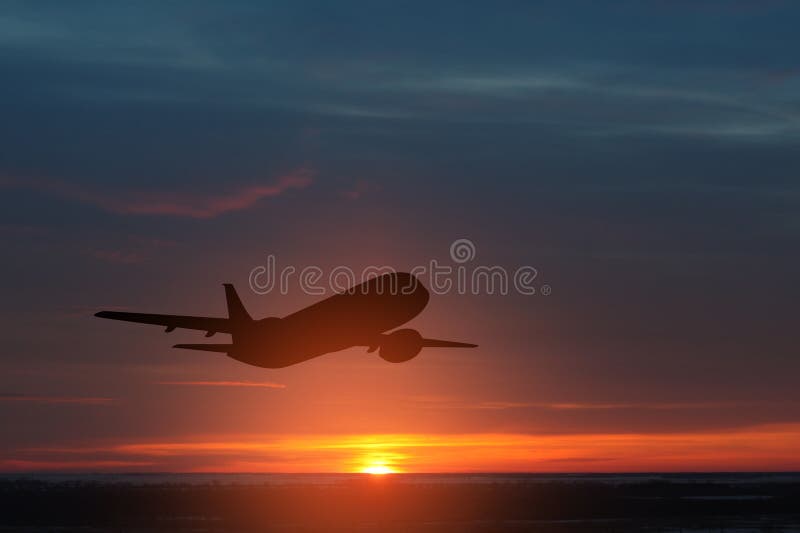 Airplane Taking Off at the Sunset Sky. Stock Photo - Image of aviation ...