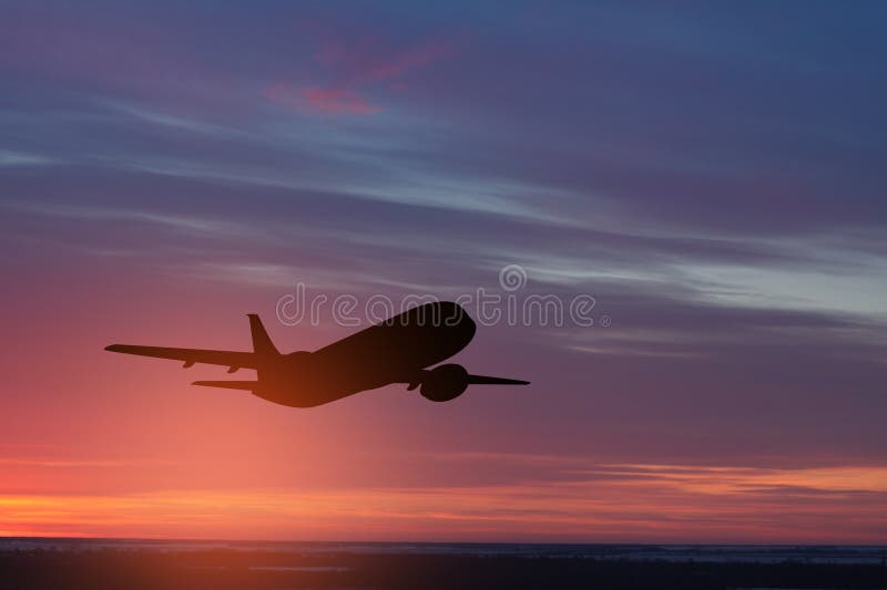 Airplane Taking Off at the Sunset Sky. Stock Photo - Image of aviation ...