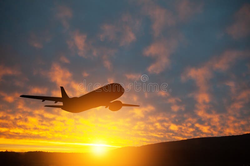 Airplane Taking Off at the Sunset Sky. Stock Image - Image of sunrise ...