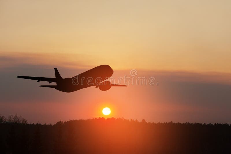 Airplane Taking Off at the Sunset Sky. Stock Photo - Image of aviation ...