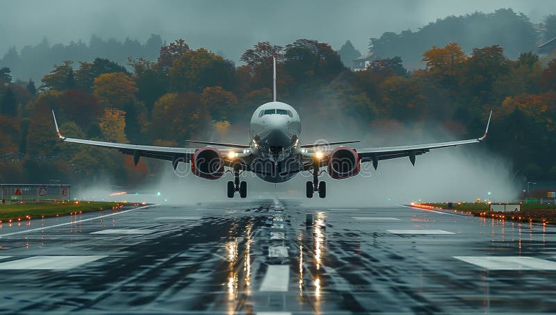Airplane Taking Off from the Wet Runway in the Rain Stock Image - Image ...