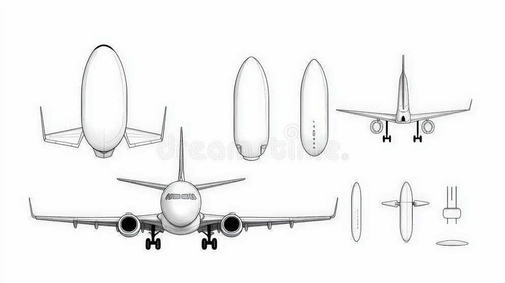 Airplane Technical Blueprint Set with Different Views and Detailed ...