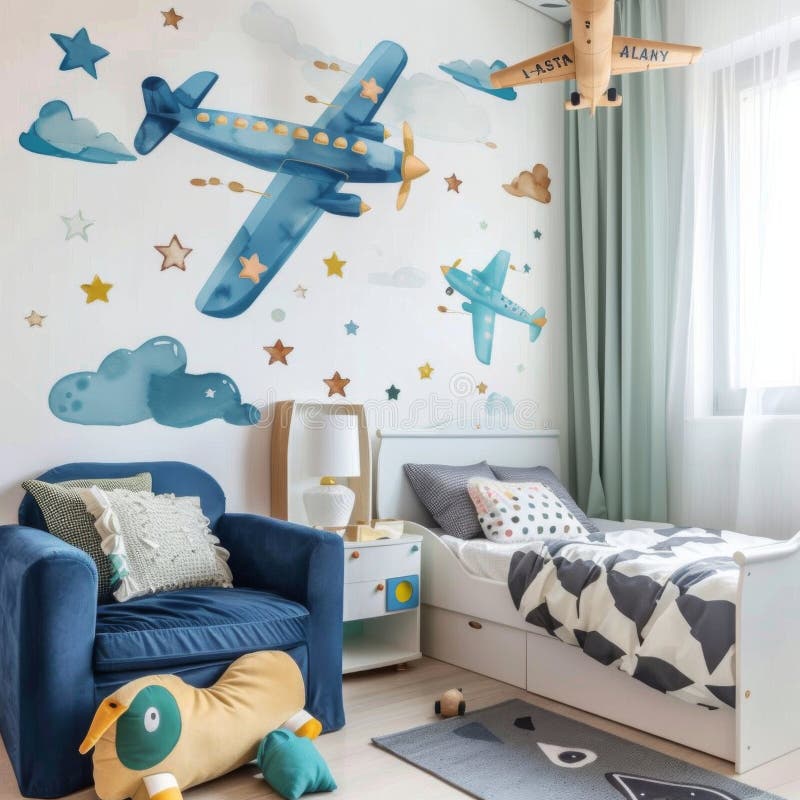 Airplane Theme Wall Sticker in a Children Room. Stock Illustration ...
