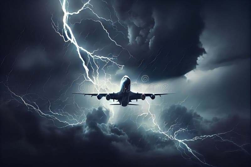 Airplane in Thunderstorm with Lightning. Generative AI Stock ...