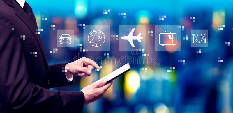 Airplane Travel Theme with Businessman Using a Tablet Computer Stock ...