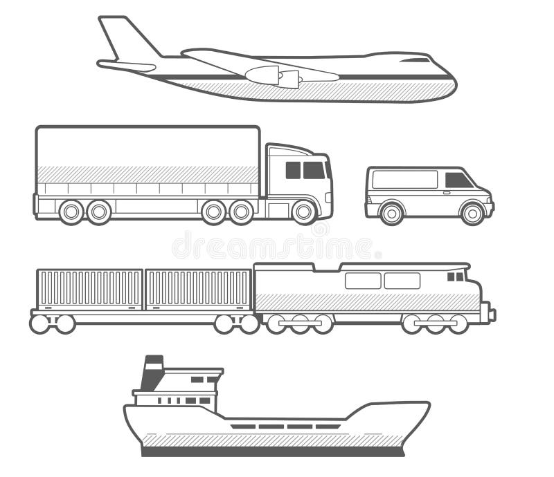 Airplane, Truck, Car, Ship, Train. Black Vector Set Transportation ...