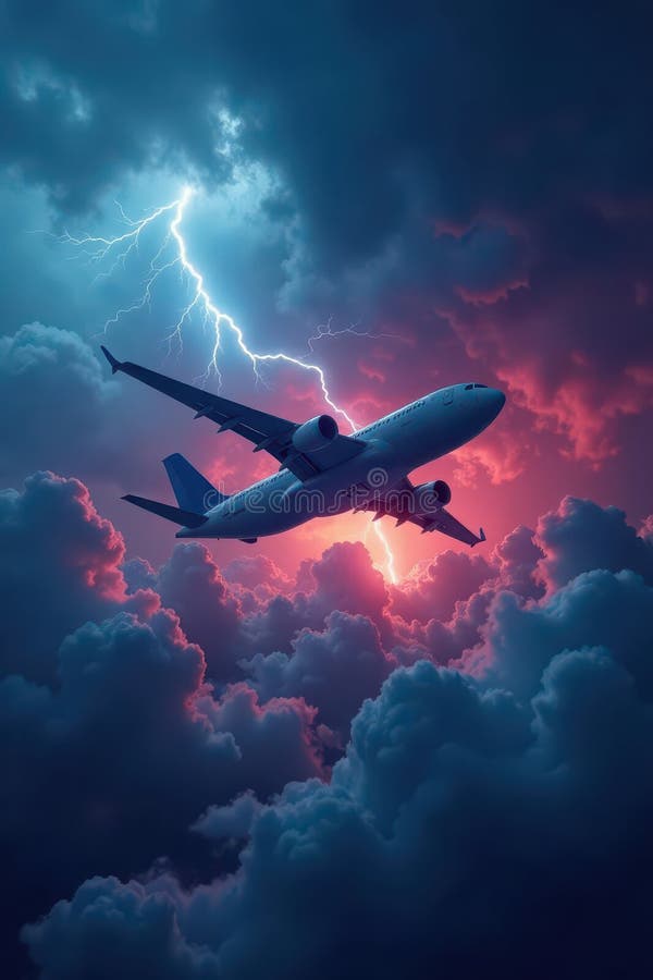 Airplane in Turbulent Storm Clouds, Lightning Flashes , Weather Event ...