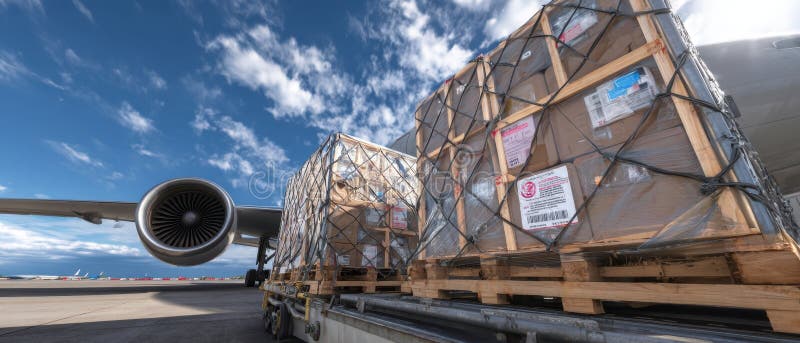The Airplane Unloading Cargo Pallets at the Busy Airport Terminal. AI ...