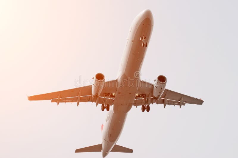 View from Below Under the Flying Airplane before Landing, in Detail ...