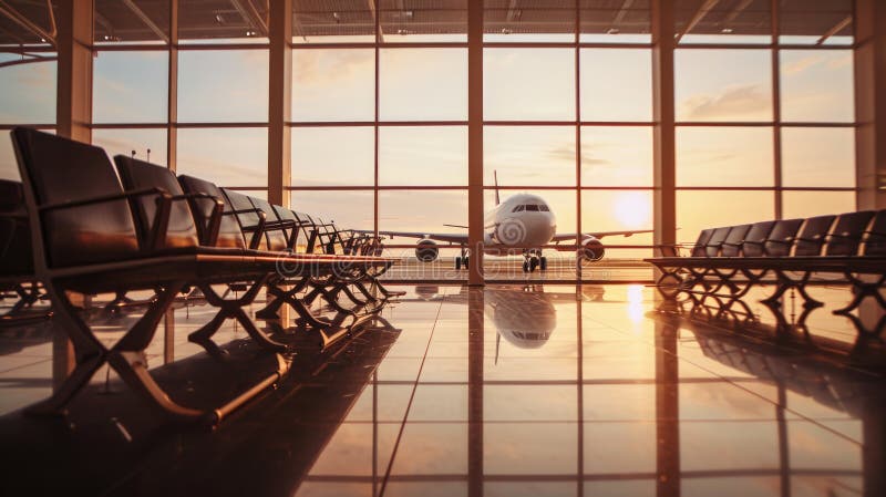 An Airplane Viewed Head-on through the Large Windows of an Airport ...