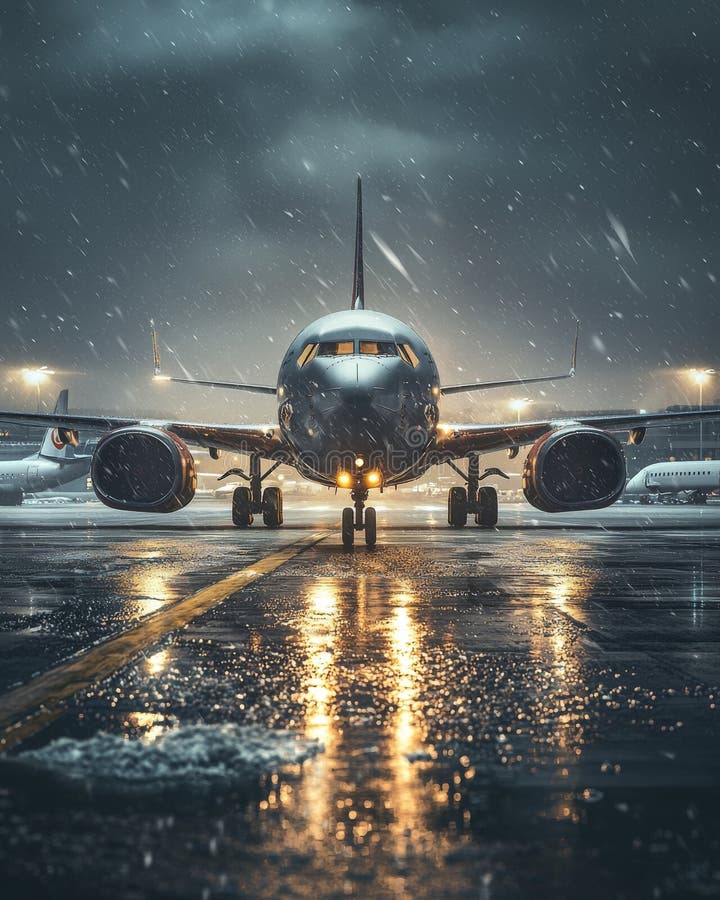 The Airplane Was Moving Along a Wet Runway Amid a Heavy Snowfall. Stock ...