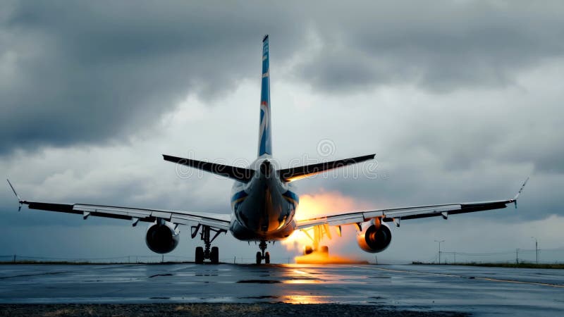 Airplane on Wet Runway with Engine Backfire Under Dramatic Cloudy Sky ...