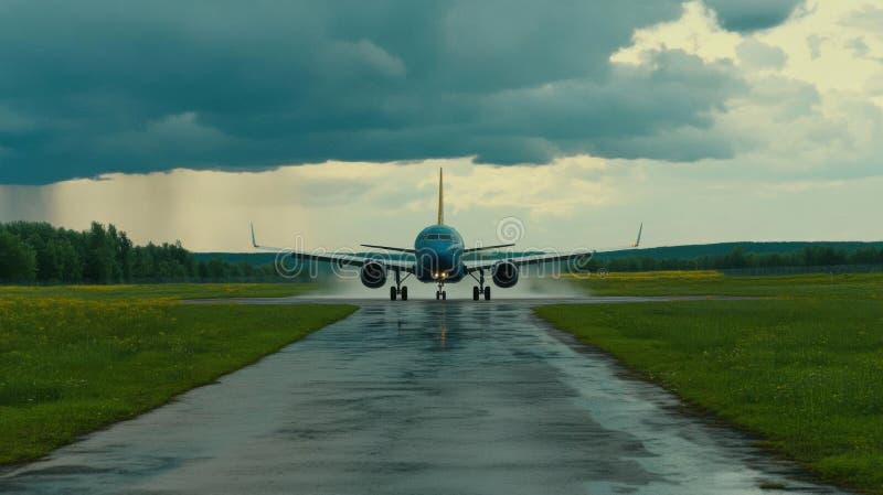 Airplane on Wet Runway Under Stormy Sky. a Dramatic Aviation Scene ...