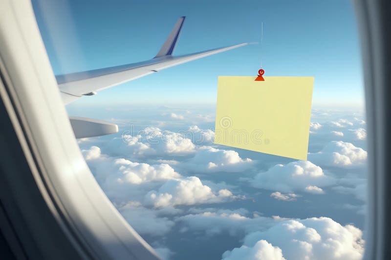 Airplane Window with Blank Sticky Note for Text and Aerial View of ...