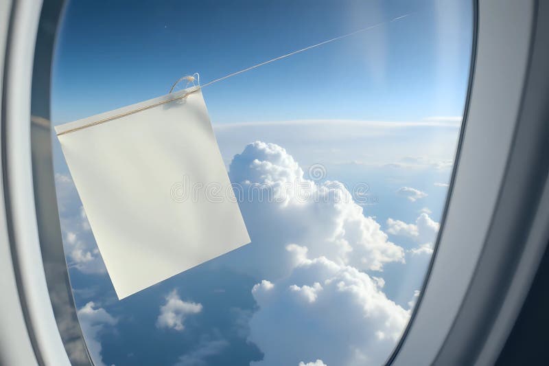 Airplane Window with Blank Sticky Note for Text and Aerial View of ...