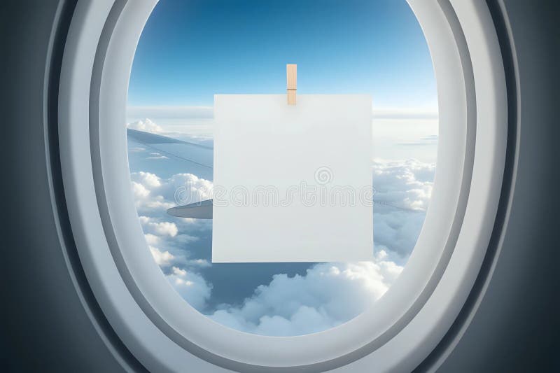 Airplane Window with Blank Sticky Note for Text and Aerial View of ...