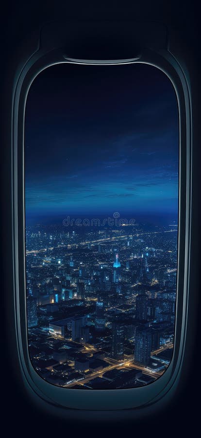 An Airplane Window with a View of a City at Night Stock Illustration ...