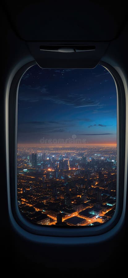 An Airplane Window with a View of a City at Night Stock Illustration ...