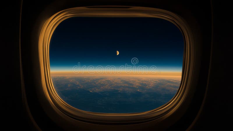 Airplane Window View of Earth and Moon during Sunset Stock Image ...