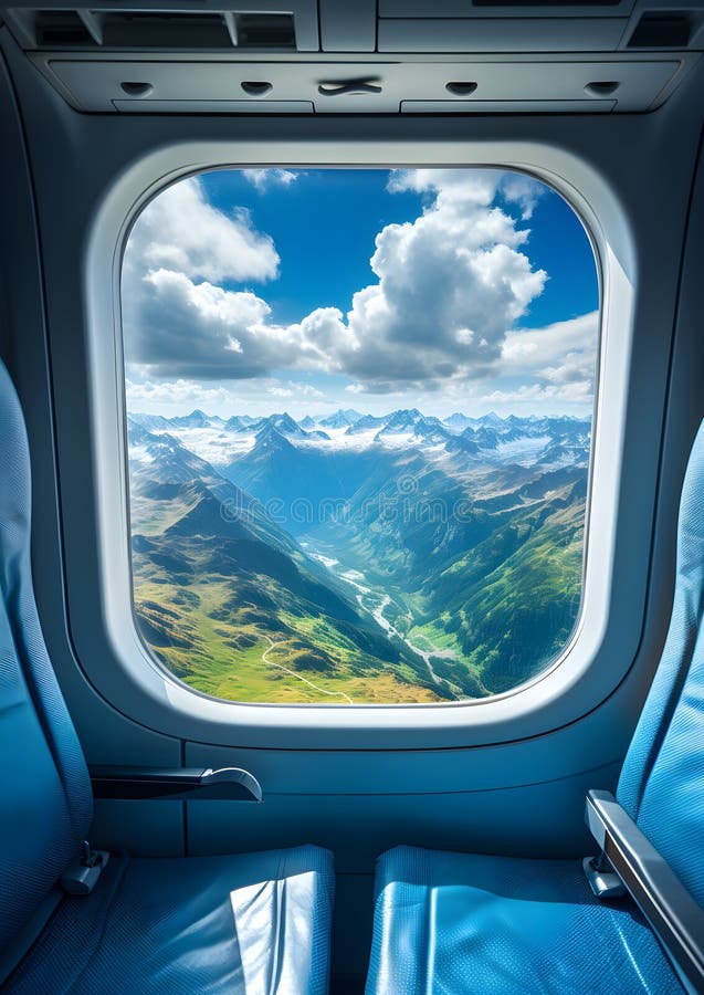 An Airplane Window with a View of a Valley and Mountains.Window View ...