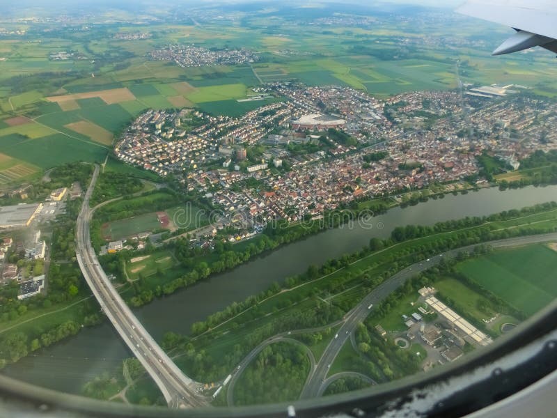 Airplane Window View of Wing, Highway Junctions and Green Forest. Stock ...