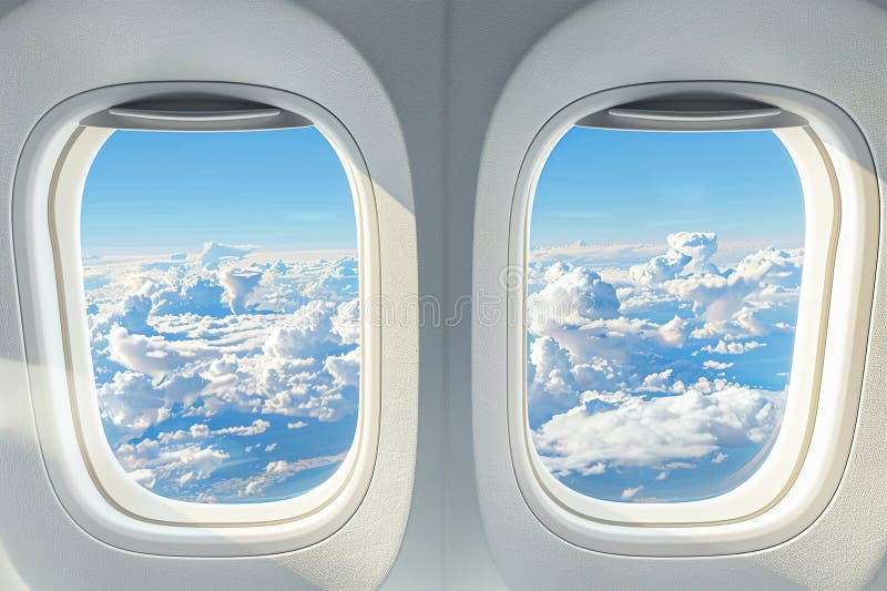 Airplane Windows with Fluffy Clouds Outside. Ai Generative Stock Image ...