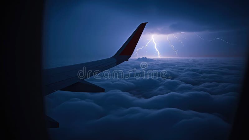 Airplane Wing Above Clouds in Thunderstorm. Concept of Danger and Risk ...