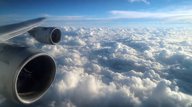 Airplane Wing and Engine Flying Above Cloud Layer in Bright Sky Stock ...