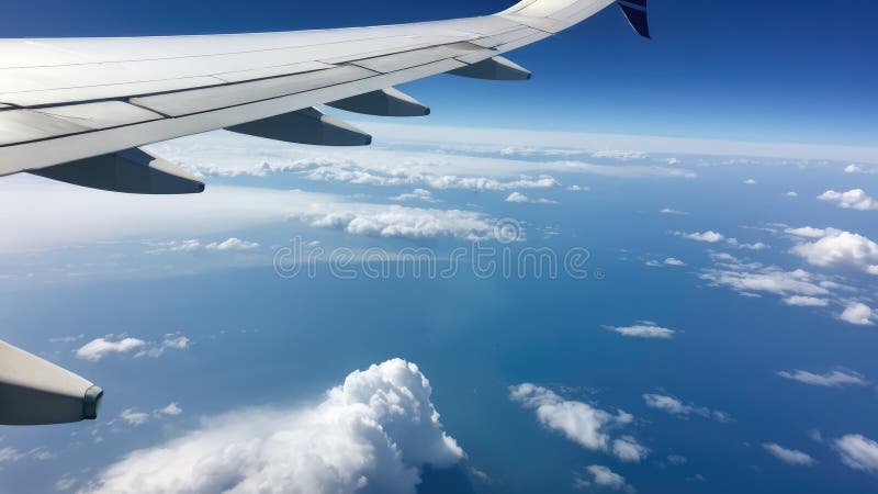 Airplane Wing Flying Above the Clouds Over the Ocean Under a Deep Blue ...