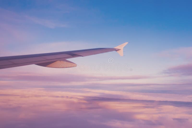 Airplane Wing of the Setting Sun in Blue and Pink Colors Stock Image ...