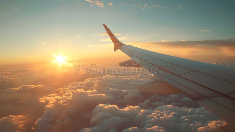 Airplane Wing at Sunset. Generative by AI Stock Illustration ...