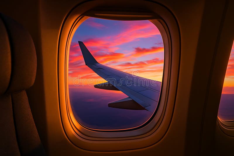 View of Airplane Wing and Sunset Sky from Window Seat during Flight in ...