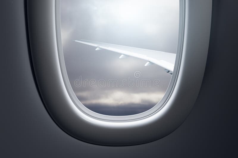 Airplane Wing View from Window with Cloudy Sky Outside. 3D Rendering ...
