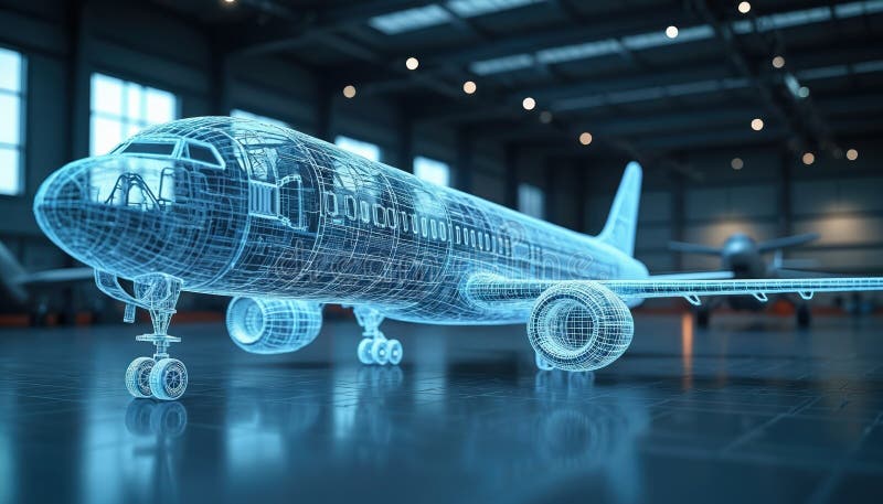 Airplane Wireframe Blueprint Illustration in Blue Tones. Aerospace ...