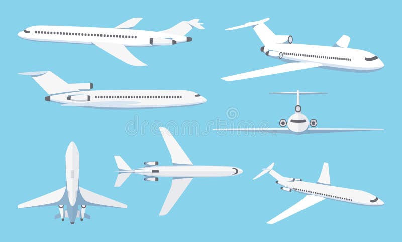Airplanes in Different Angles on a Blue Background. Passenger and Cargo ...