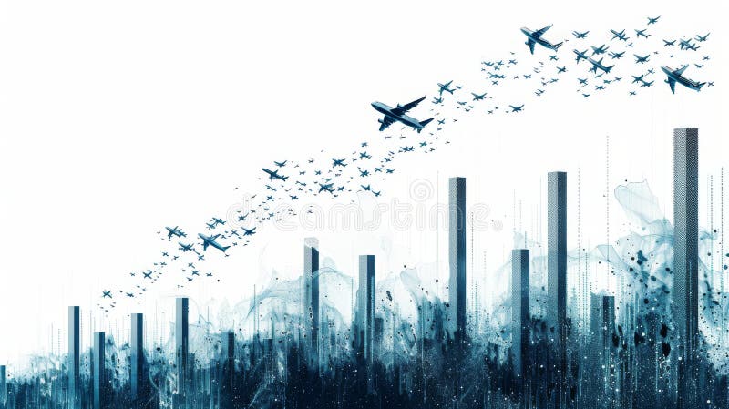 Airplanes Flying Across Digital Bars and Abstract Clouds Stock Photo ...