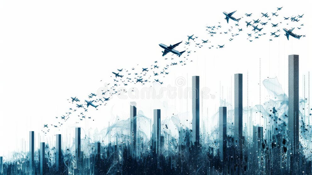 Airplanes Flying Across Digital Bars and Abstract Clouds Stock Photo ...