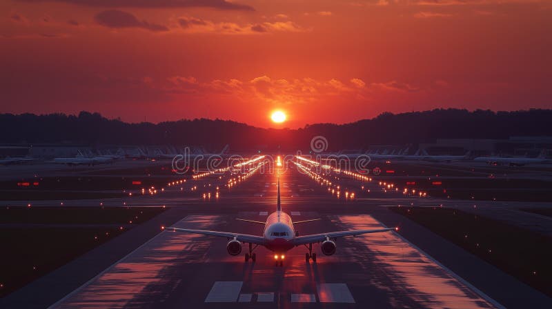 Airplanes Prepare for Takeoff Under a Vibrant Sunset with Glowing ...